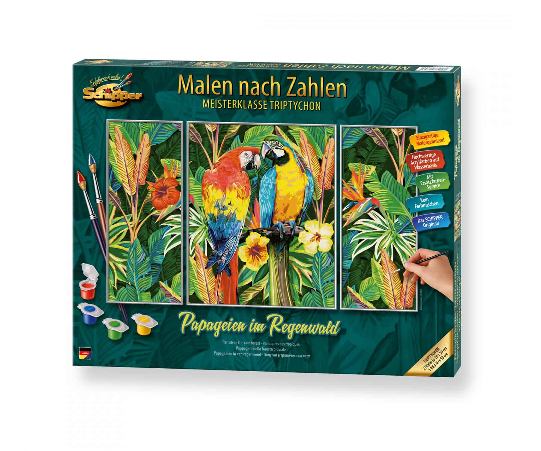Painting By Numbers Set - Schipper - Parrots In The Rain Forest, Triptych